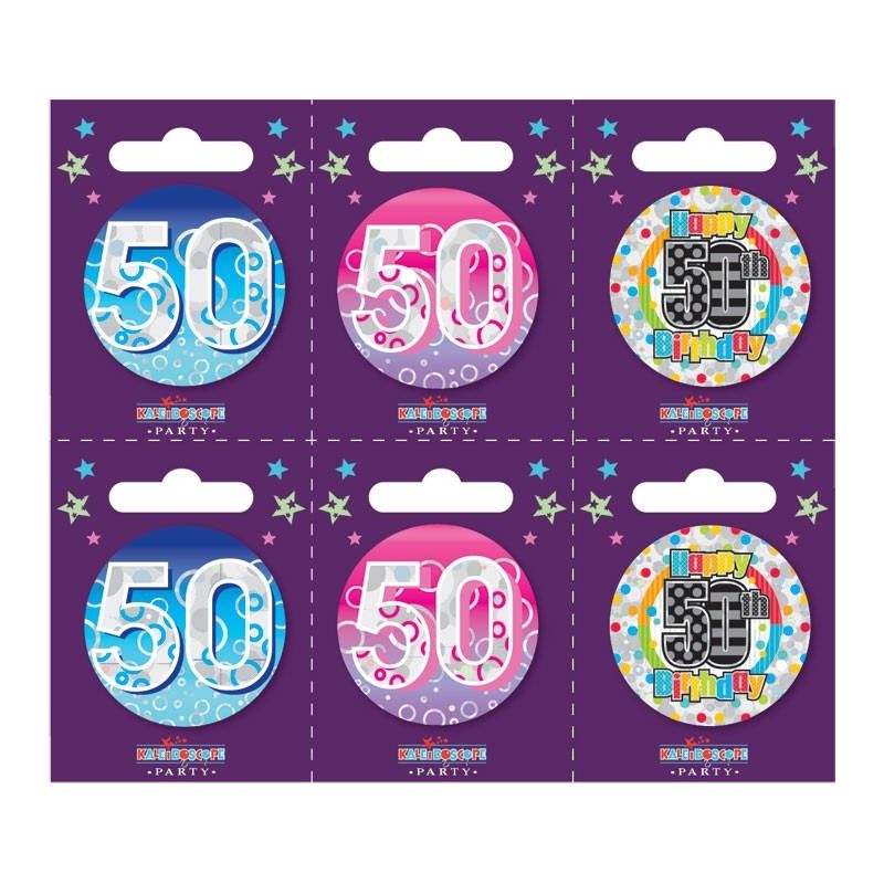 Age 50 Small Badges (6 assorted per perforated card) (5.5cm) | APAC