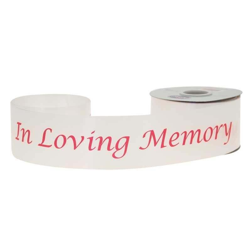 In Loving Memory Poly Ribbon - White with red text (2 inch x 50 yards ...